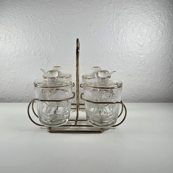 Dining | Vintage Mcm Brass Etched Glass Jam Jar Set And Metal Caddy 4 ...